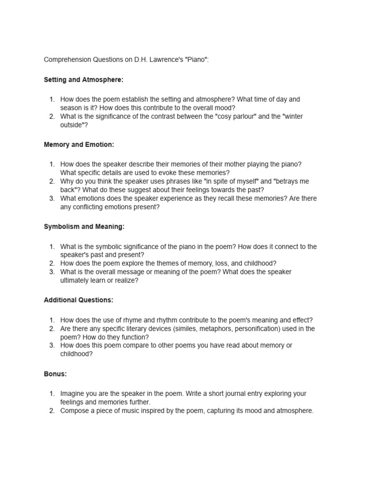 Comprehension Questions On DH Lawrence Piano | PDF