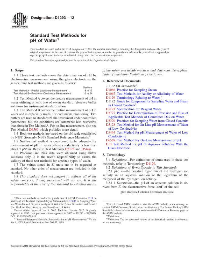 ASTM D1293: pH Testing Methods for Water | PDF | Ph | Buffer Solution
