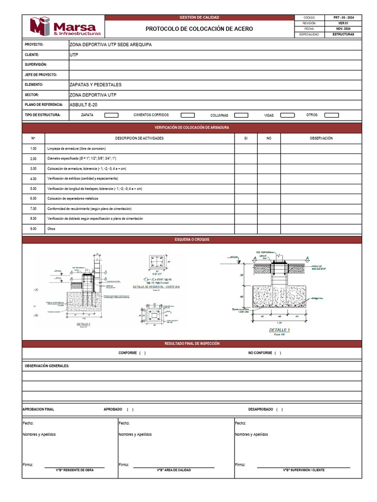 Protocolo Colocacion de Acero Utp - Arequipa | PDF | Fundación (Ingeniería) | Ingeniero civil