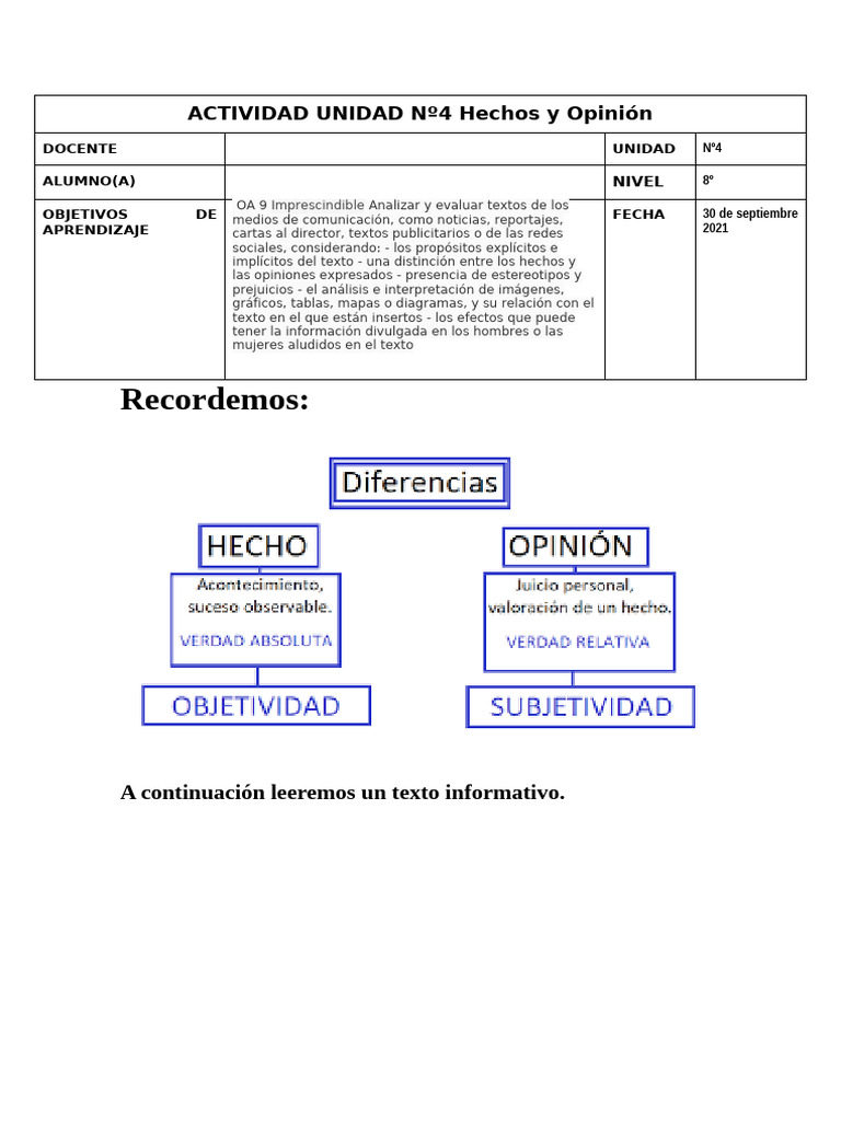 ACTIVIDAD UNIDAD Nº4 Hechos y Opinión | PDF