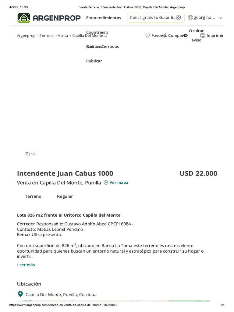 Venta Terreno, Intendente Juan Cabus 1000, Capilla Del Monte - Argenprop | PDF