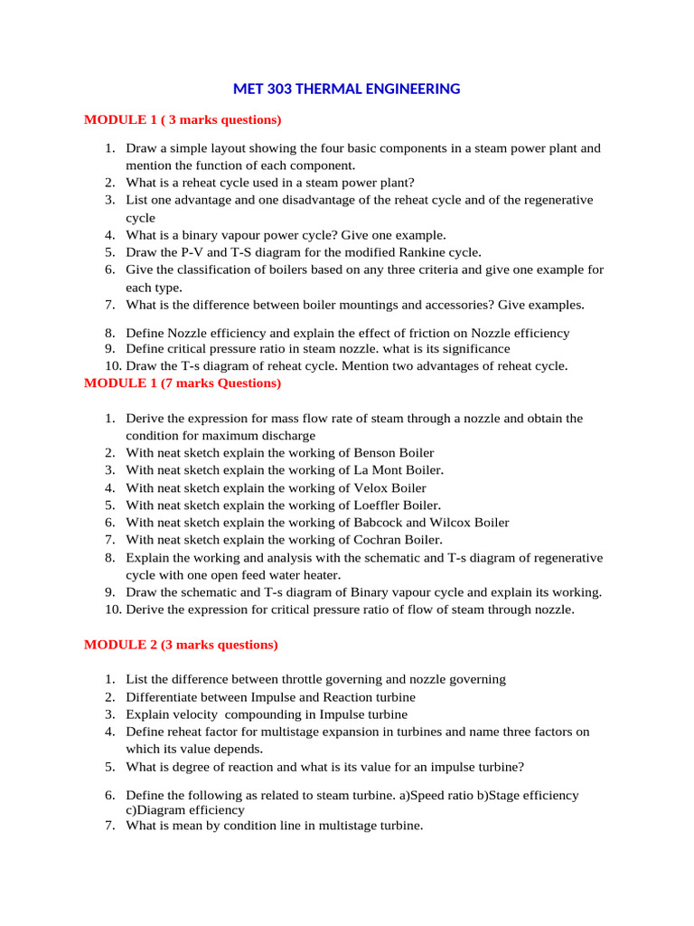 Thermal Engg - Module 1& 2 - Model Questions | PDF | Turbine | Steam