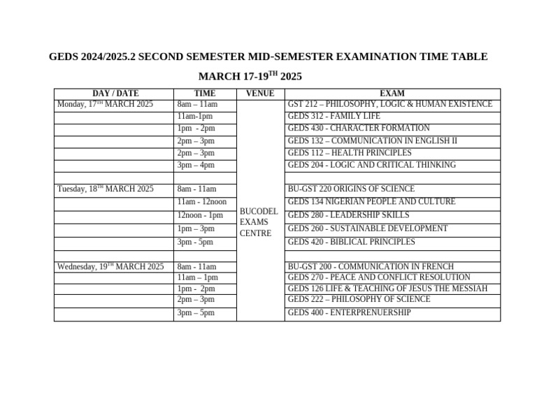 Mid Semester Exams 2024 - 2025.2 Second Semester Timetable | PDF