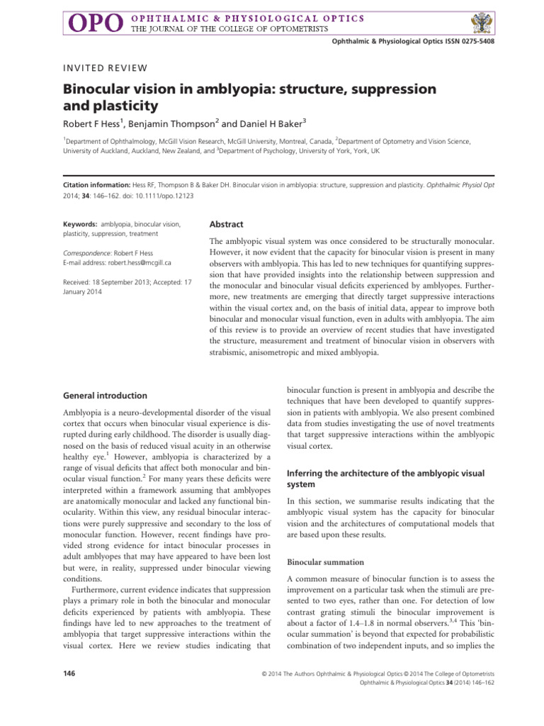 Binocular Vision And Amblyopia Insights Pdf Vision Senses