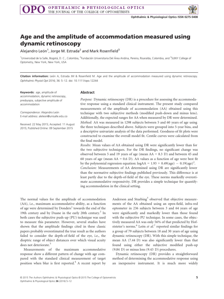 Age and The Amplitude of Accommodation Measured Using Dynamic Retinos ...