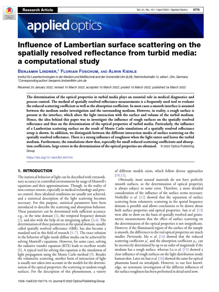 Influence of Lambertian Surface Scattering On The Spatially Resolved Reflectance | PDF ...