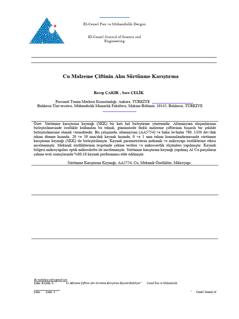 Al 5754-Cu Malzeme Ciftinin Alin Surtunme Karistir | PDF