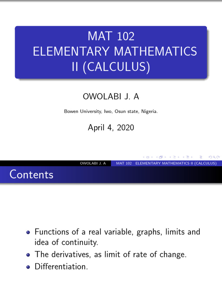 MAT 102 Elementary Mathematics (Calculus) | PDF | Function (Mathematics) | Equations