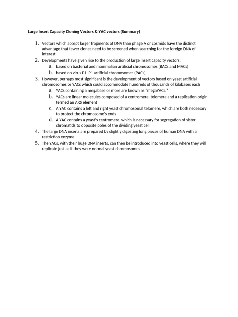 Lesson 201 Large Insert Capacity Cloning Vectors & YAC Vectors | PDF
