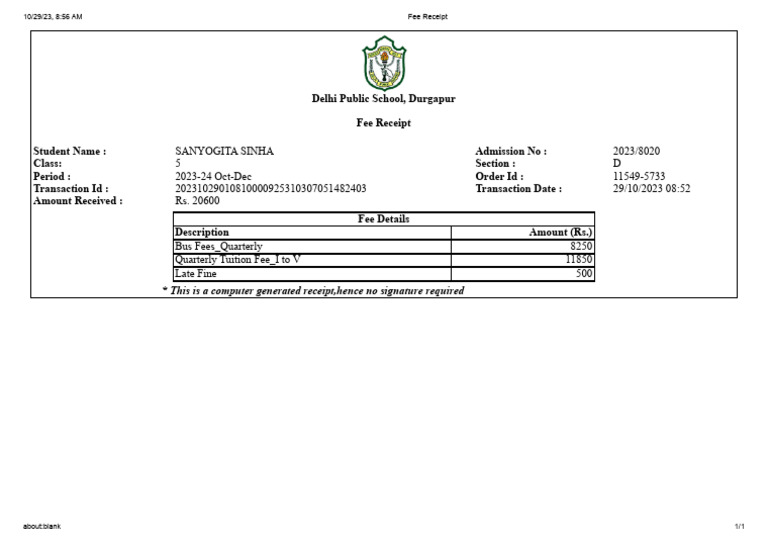 Oct To Dec 2023 Fee Receipt | PDF