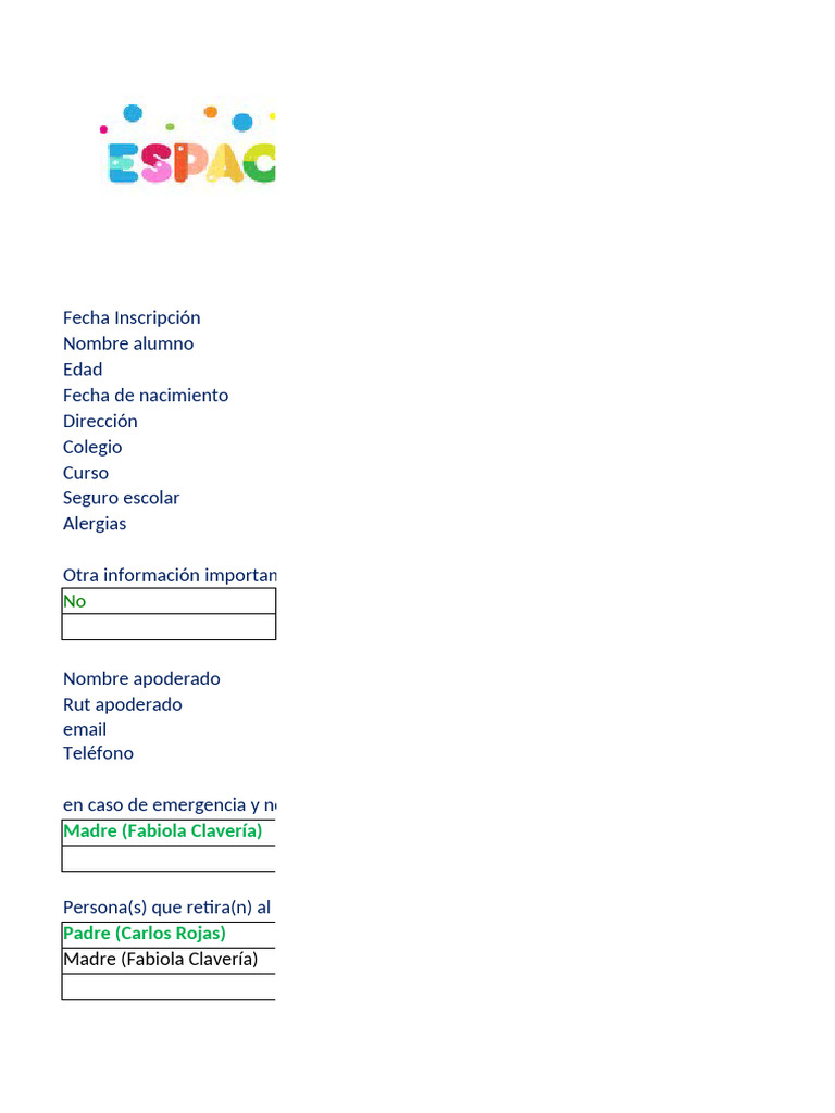 Ficha de Inscripción 2025 Espacio Kids Elisa Clavería | PDF