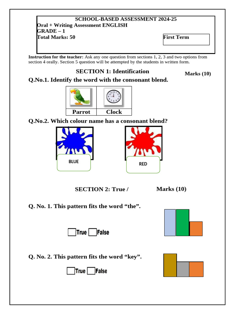 Grade 1 English Assessment Guide | PDF