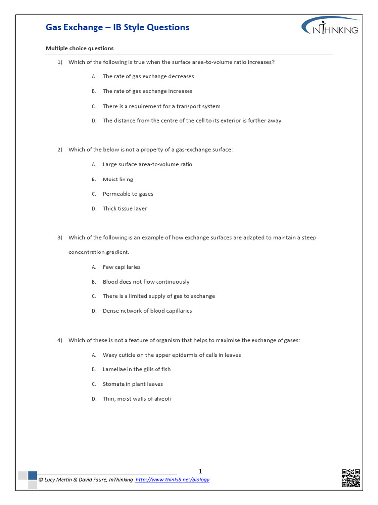 1 - Gas Exchange Ib Style Questions | PDF | Biology | Anatomy