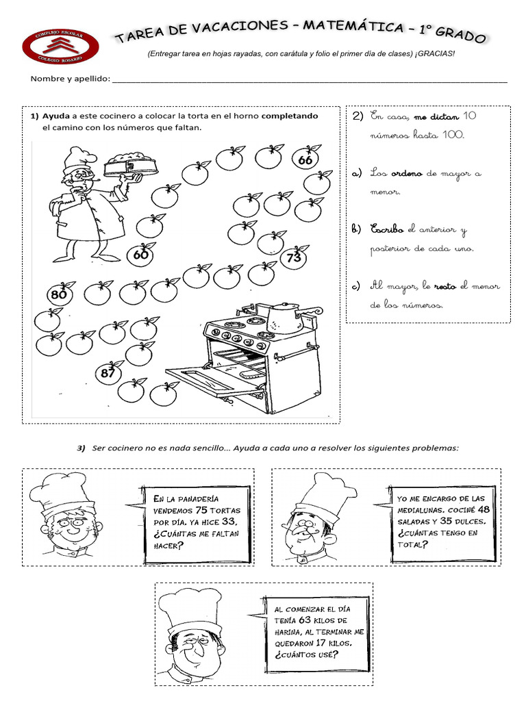 Tarea de Matemáticas 1° Grado: Vacaciones | PDF