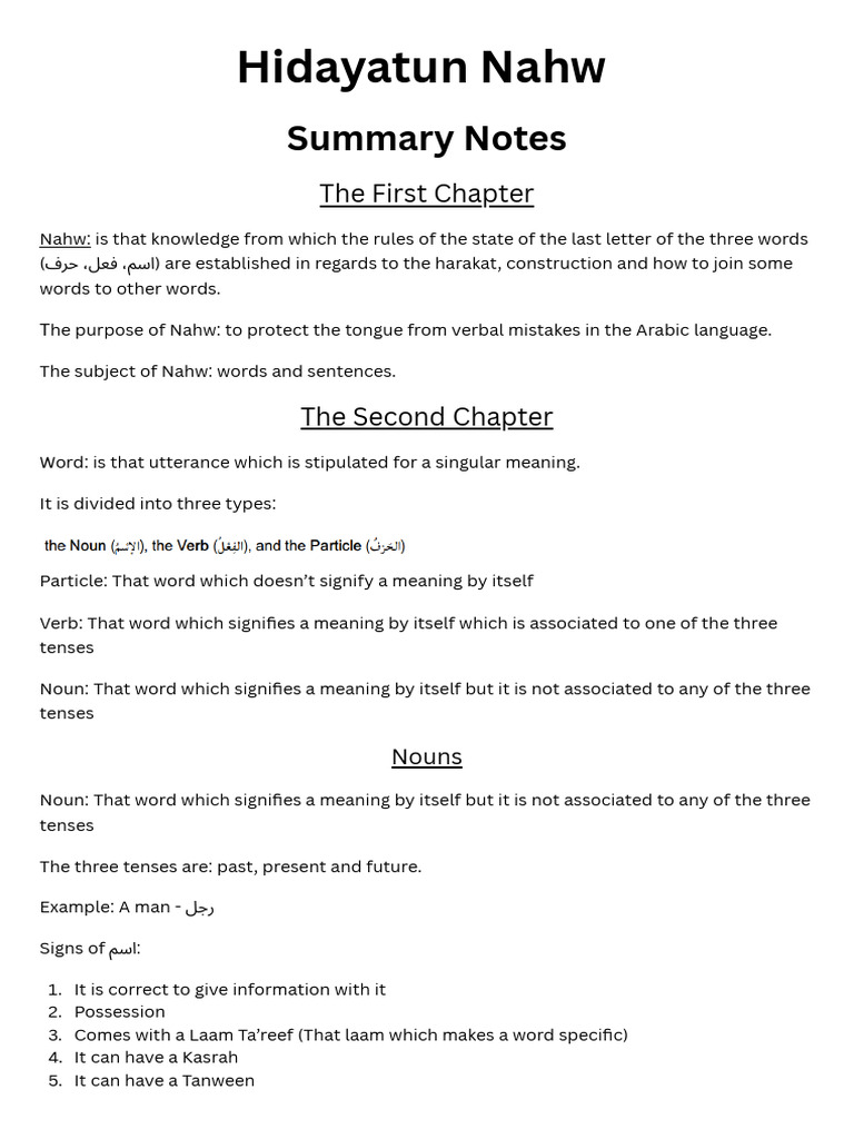 Hidayatun Nahw: Arabic Grammar Overview | PDF | Verb | Grammatical Gender