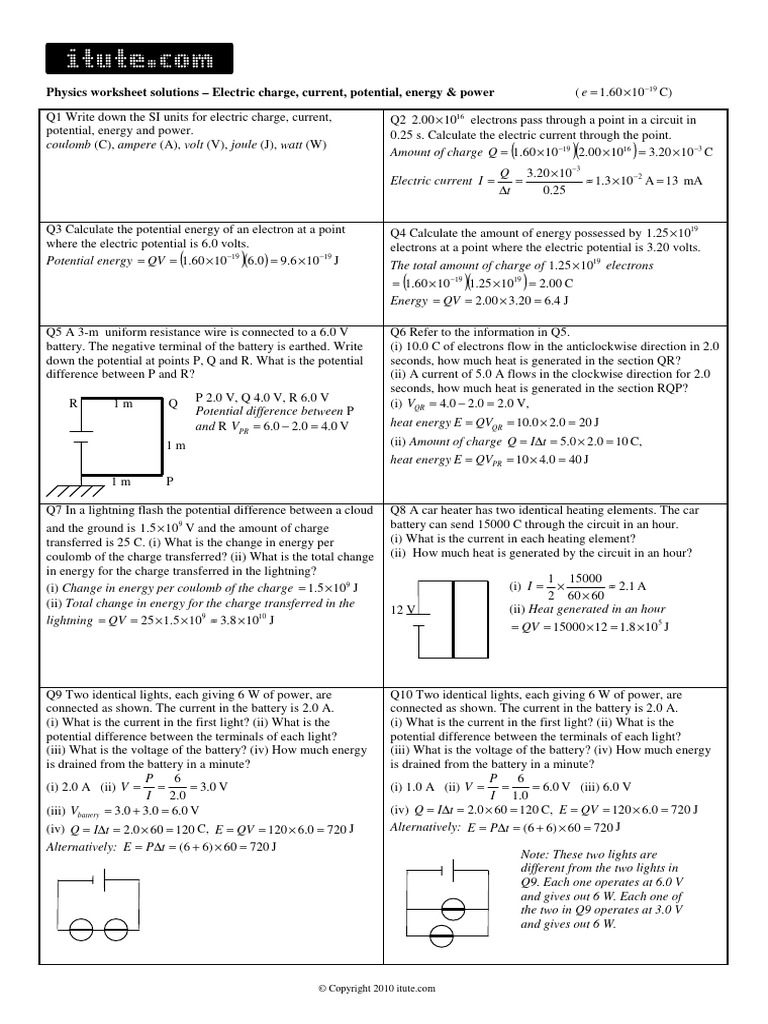 Physics Worksheet Solutions Electric Charge Current Potential Energy ...