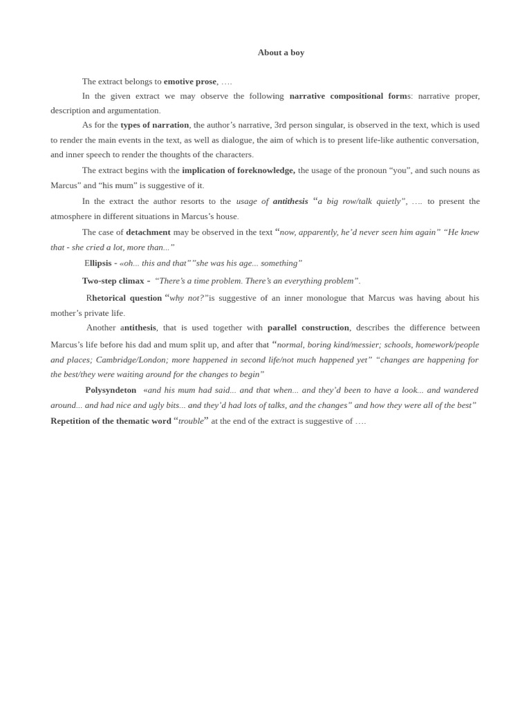 Analysis Notes About A Boy | PDF