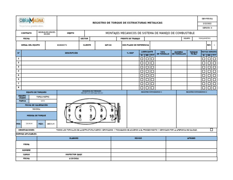 Obm-Rg-004 Registro de Torque de Estructuras | PDF