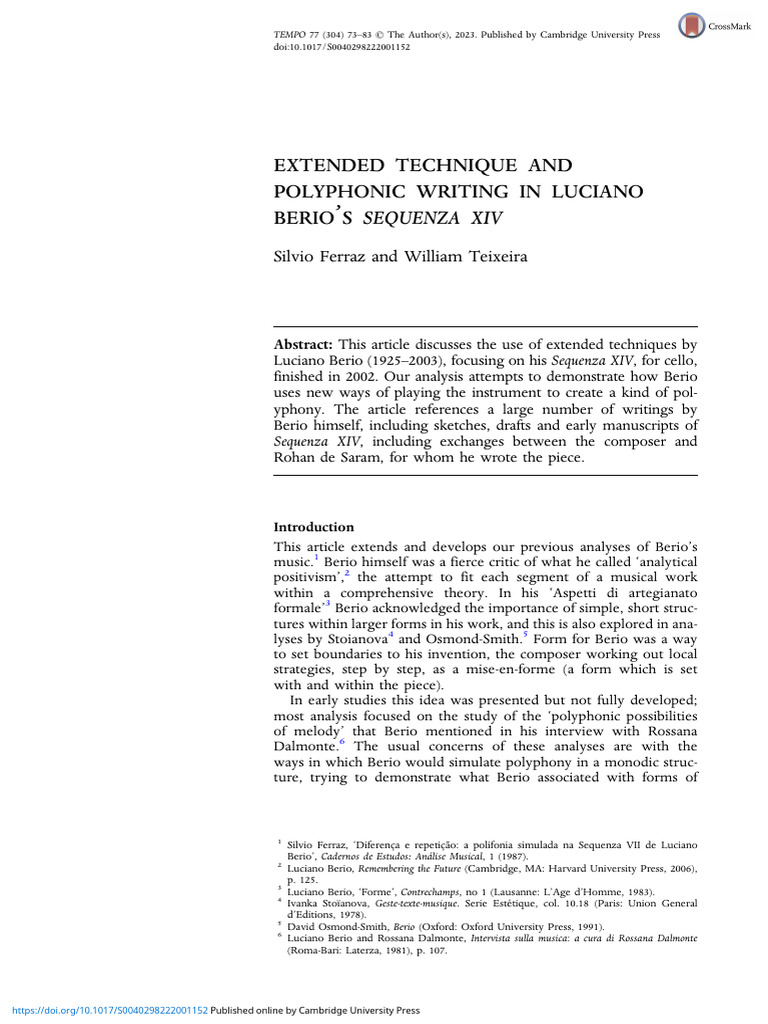 Extended Technique and Polyphonic Writing in Luciano Berios Sequenza Xiv | PDF | Cello | Musicology