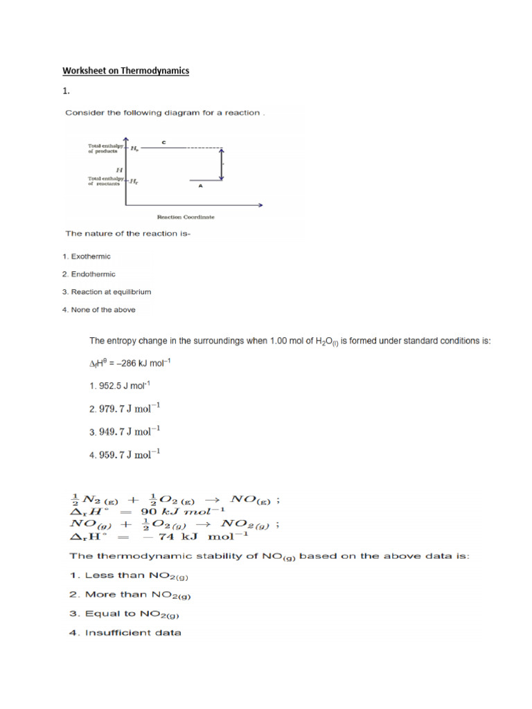 Thermodynamics Worksheet | PDF