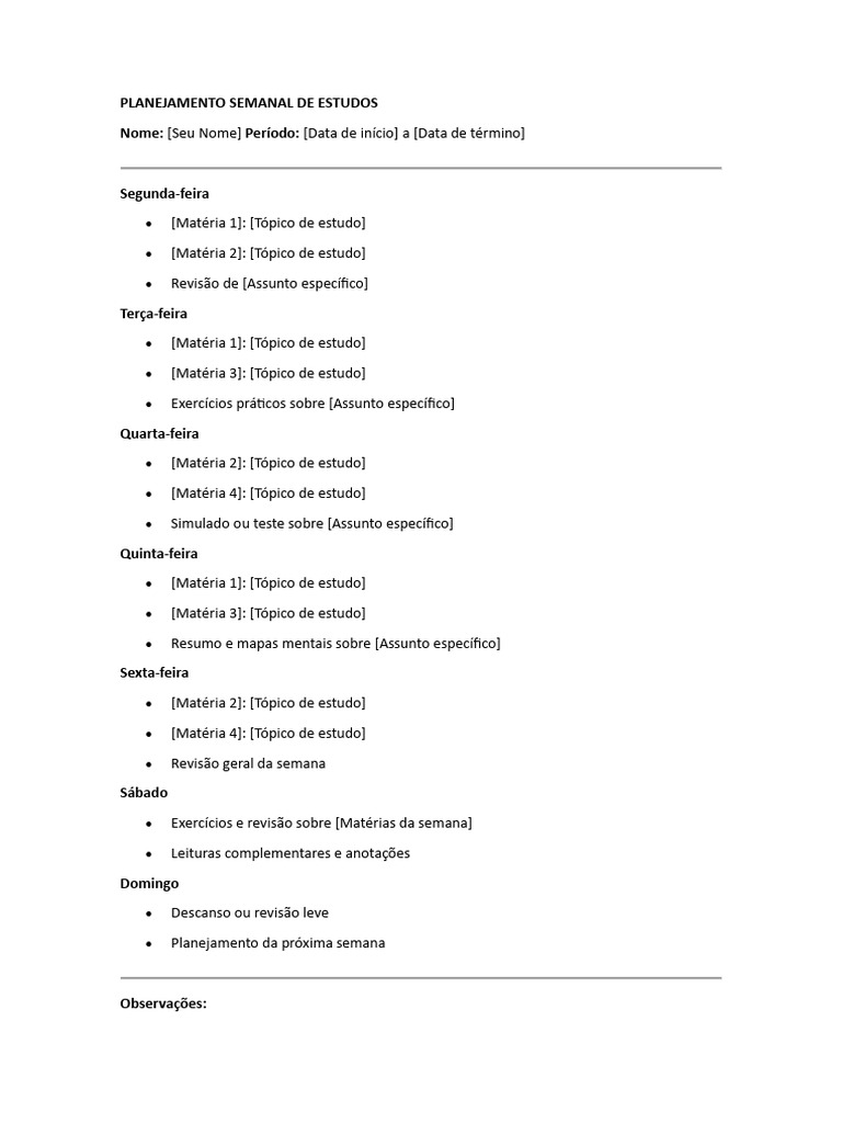 Planejamento Semanal de Estudos Eficaz | PDF