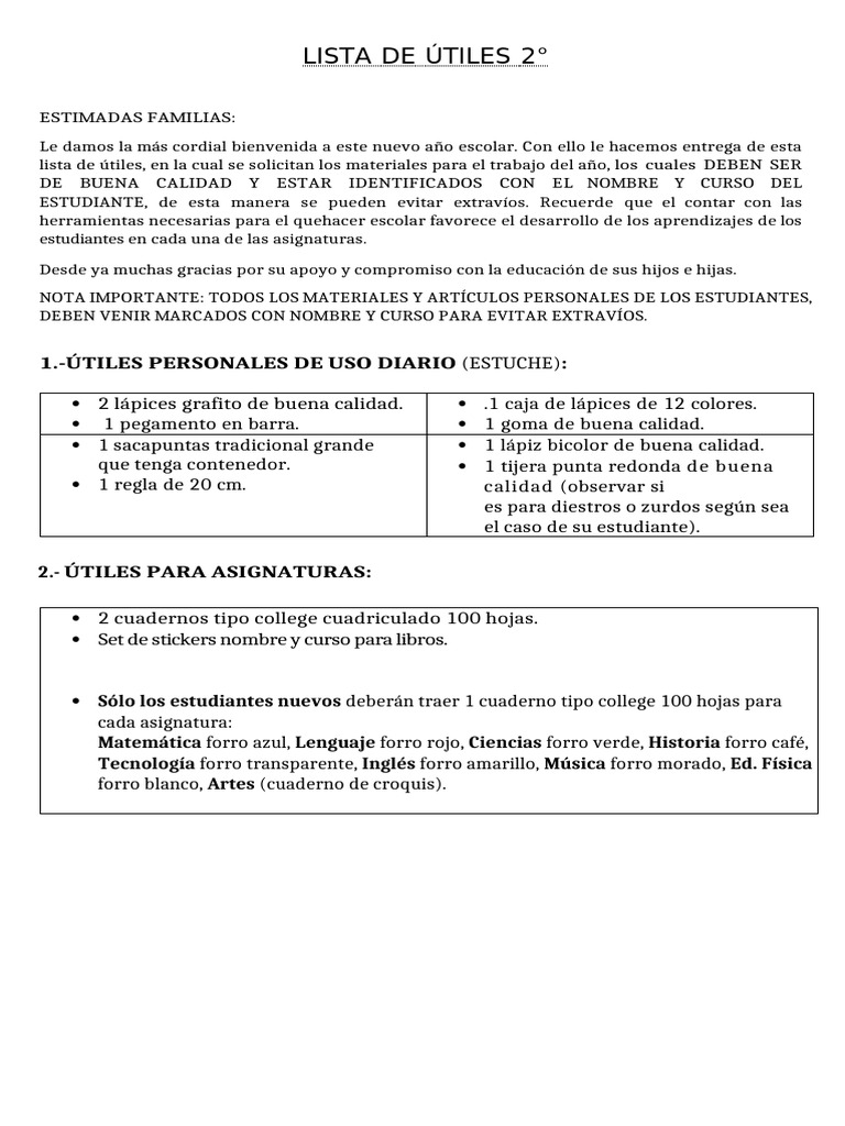 Lista de Utiles 2B 2024 | PDF | Lápiz | Materiales de Conservación y Restauración