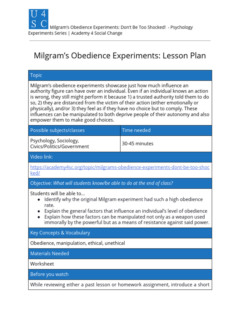 Milgram's Obedience Experiments: Lesson Plan: Topic | PDF | Behavioural Sciences | Psychology