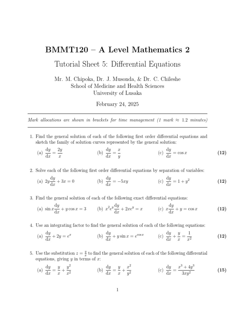 BMMT120 Tutorial Sheet 5 S1 2025 | PDF | Equations | Subtraction