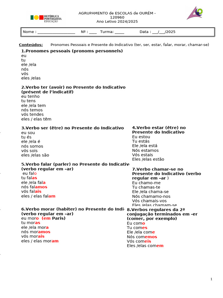 Ficha3 Pronomes Pessoais Presente | PDF | Linguística | Morfologia ...