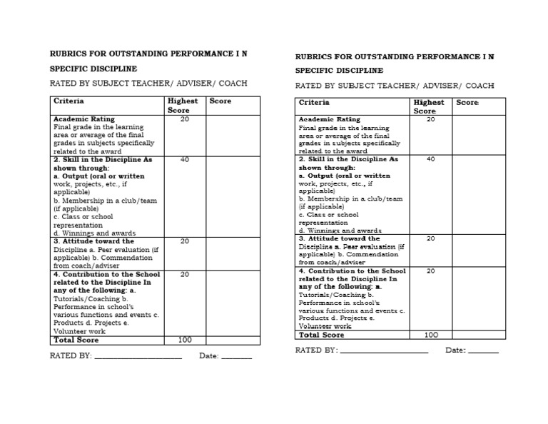 Rubrics For Rating Outstanding Performance | PDF
