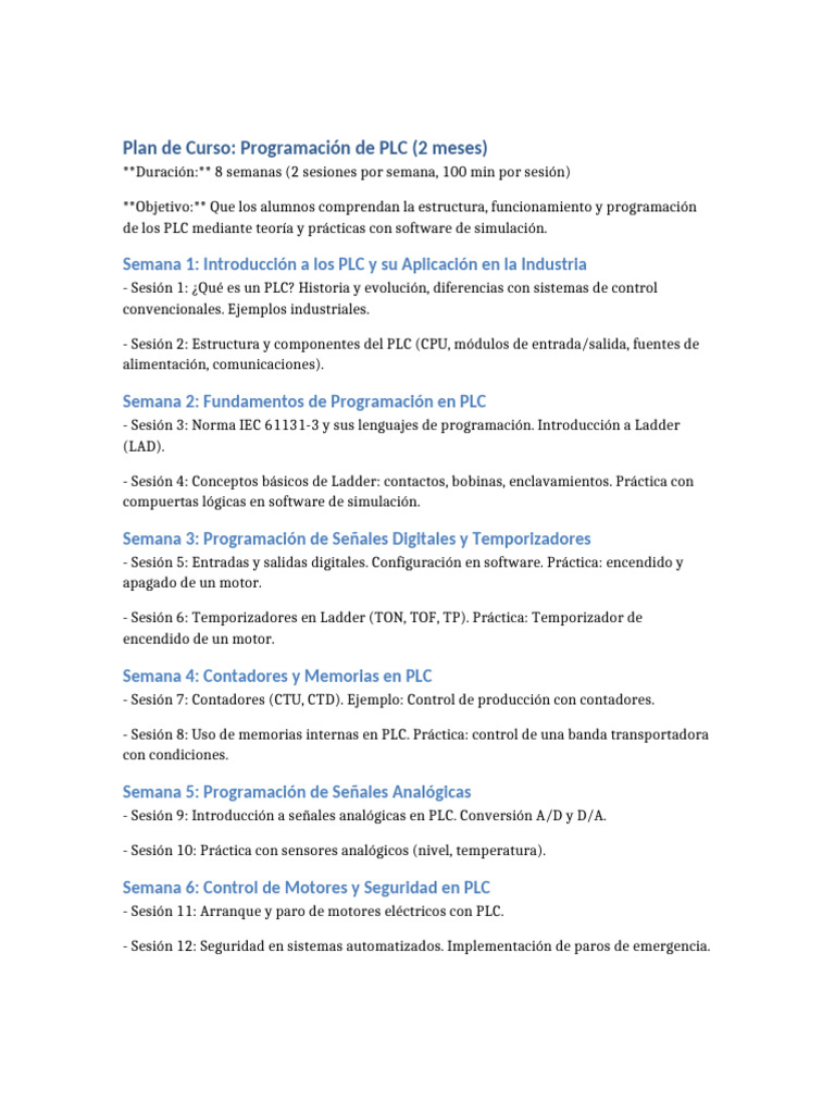 Plan Curso Programacion PLC | PDF