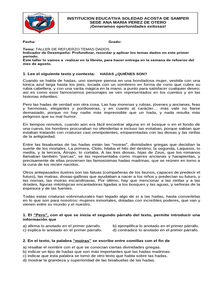 Taller de Refuerzo Segundo Periodo Grado 4 | PDF | Hadas