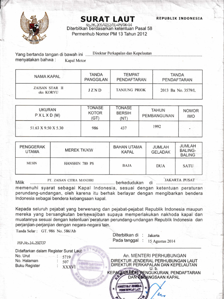 Surat Laut & Surat Ukur KM Zaisan Star II | PDF