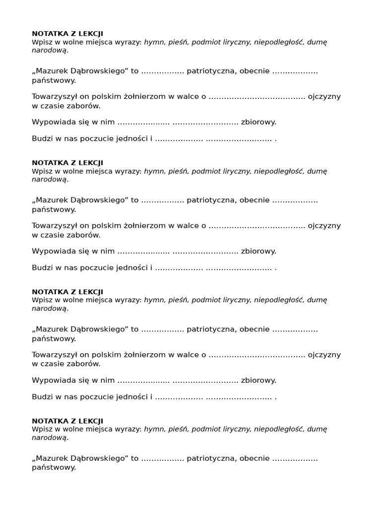 HYMN - Uzupelnij Slowa - NOTATKA Z LEKCJI | PDF