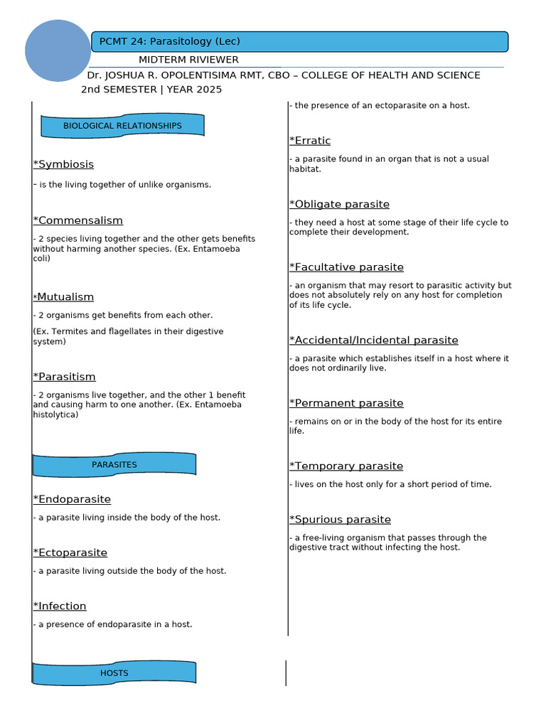Midterm Riviewer Parasite | PDF | Parasitism | Infection