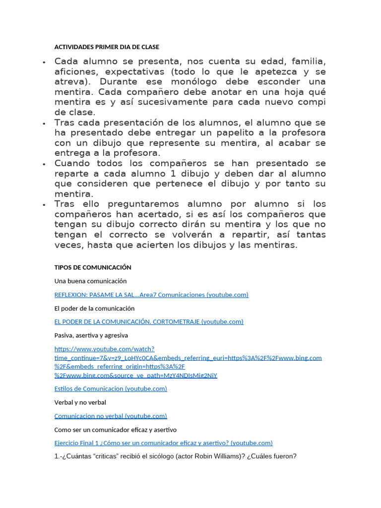 Actividades para el Primer Día de Clase | PDF