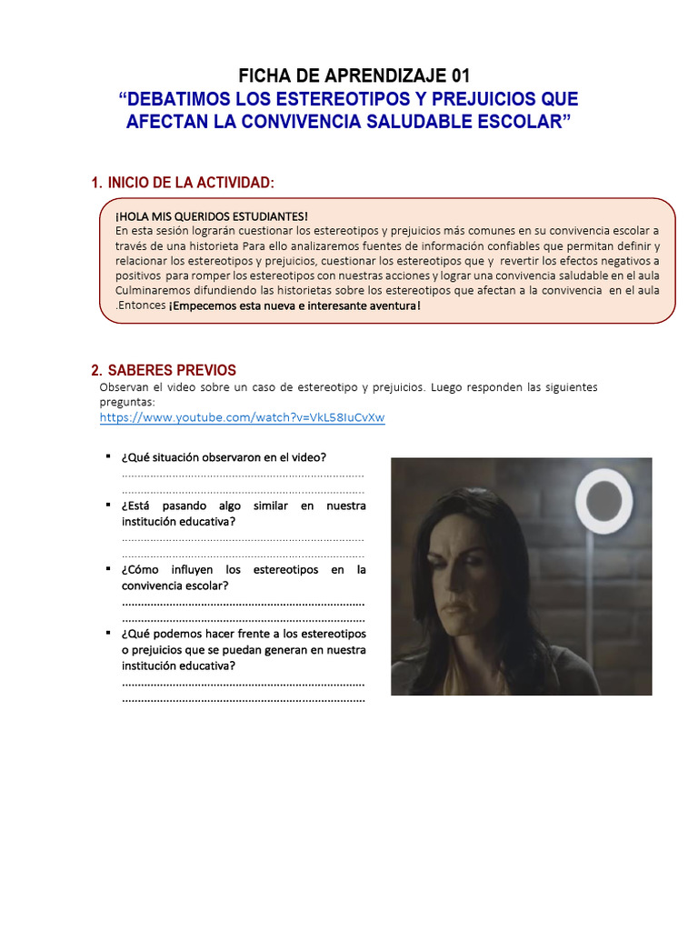 Ficha N 01 - Uni. 01 - 1 Sec. - DPCC | PDF | Estereotipos | Prejuicios
