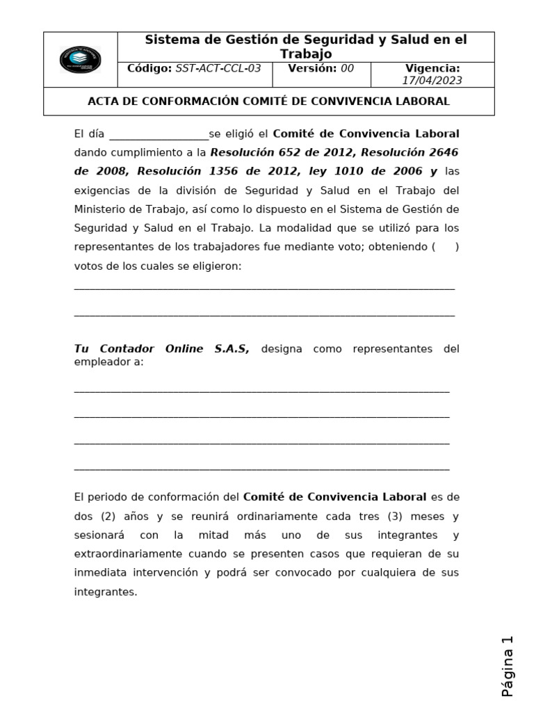 SST-ACT-CCL-03-Acta de Conformación Comité de Convivencia Laboral V0 | PDF | Gobierno