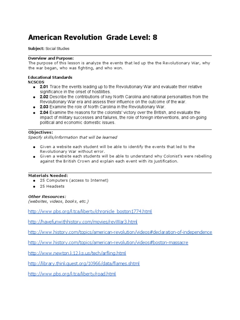 American Revolution Grade Level: 8: Subject: Social Studies Overview ...