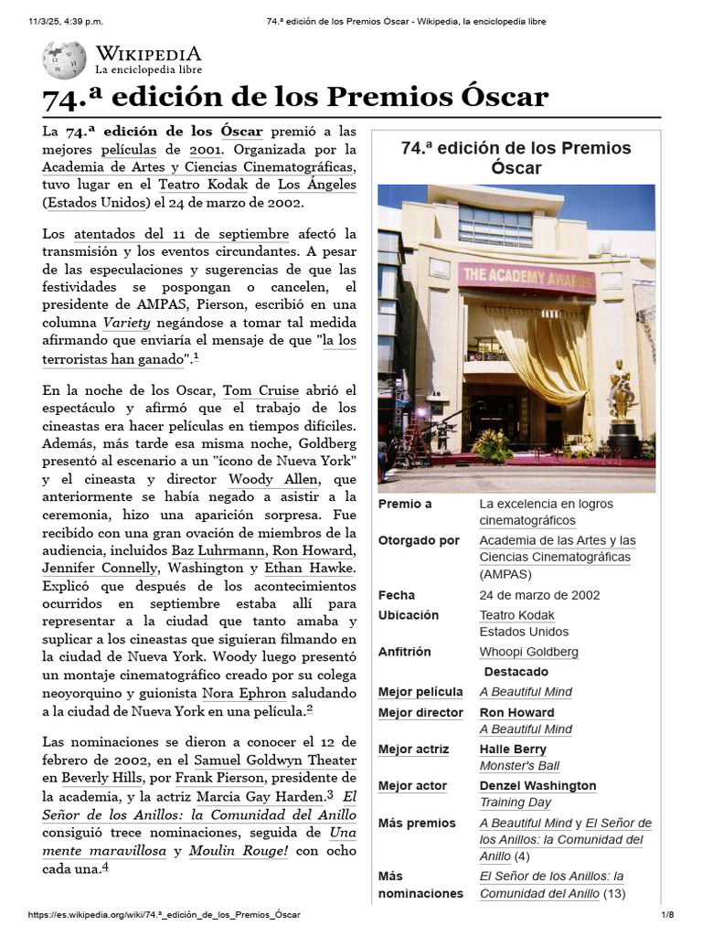 Edición de Los Premios Óscar - Wikipedia, La Enciclopedia Libre | PDF