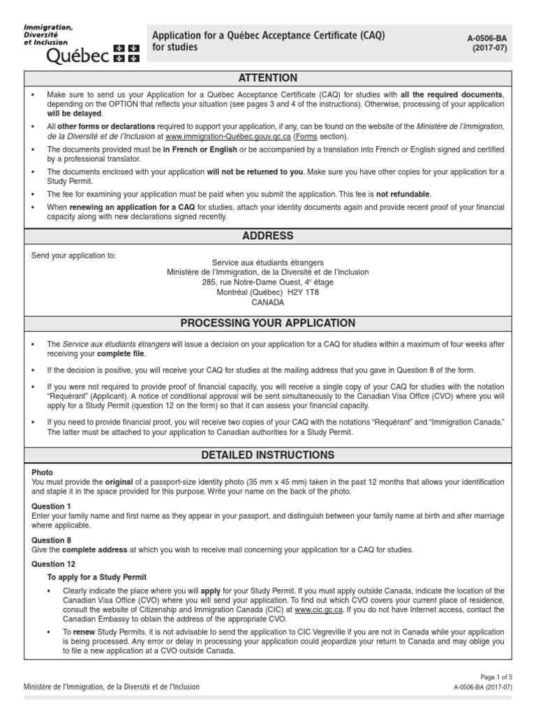 Application for a Québec Acceptance Certificate (CAQ) | PDF | Travel ...