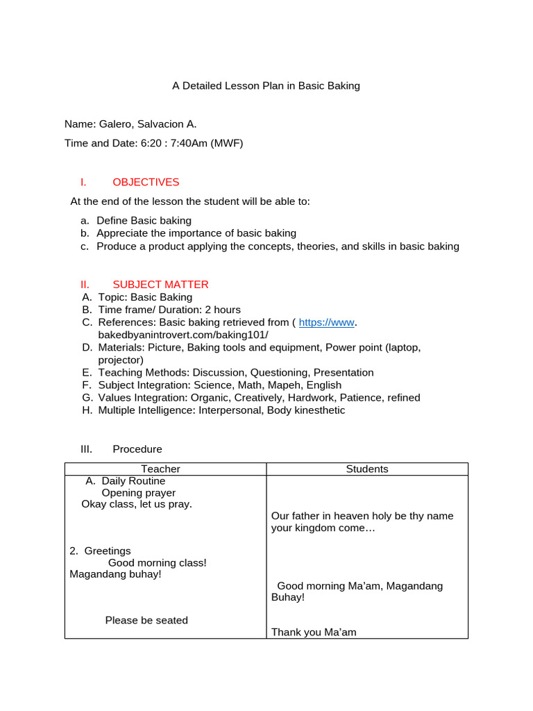 A Detailed Lesson Plan In Basic Baking Pdf