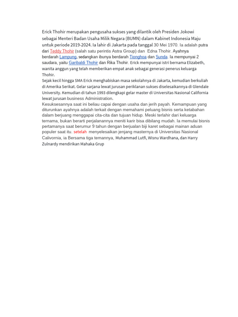 Erick Thohir Merupakan Pengusaha Sukses Yang Dilantik Oleh Presiden Jokowi Sebagai Menteri Badan ...