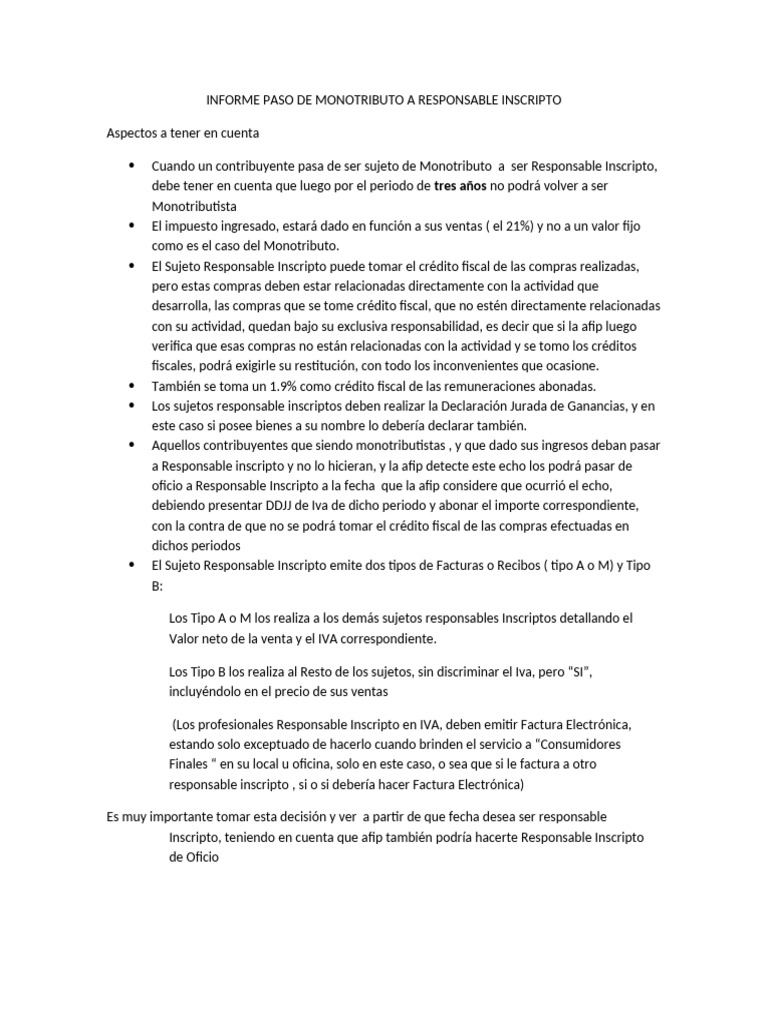 Monotributo a Responsable Inscripto: Guía | PDF | Factura | Impuesto al ...