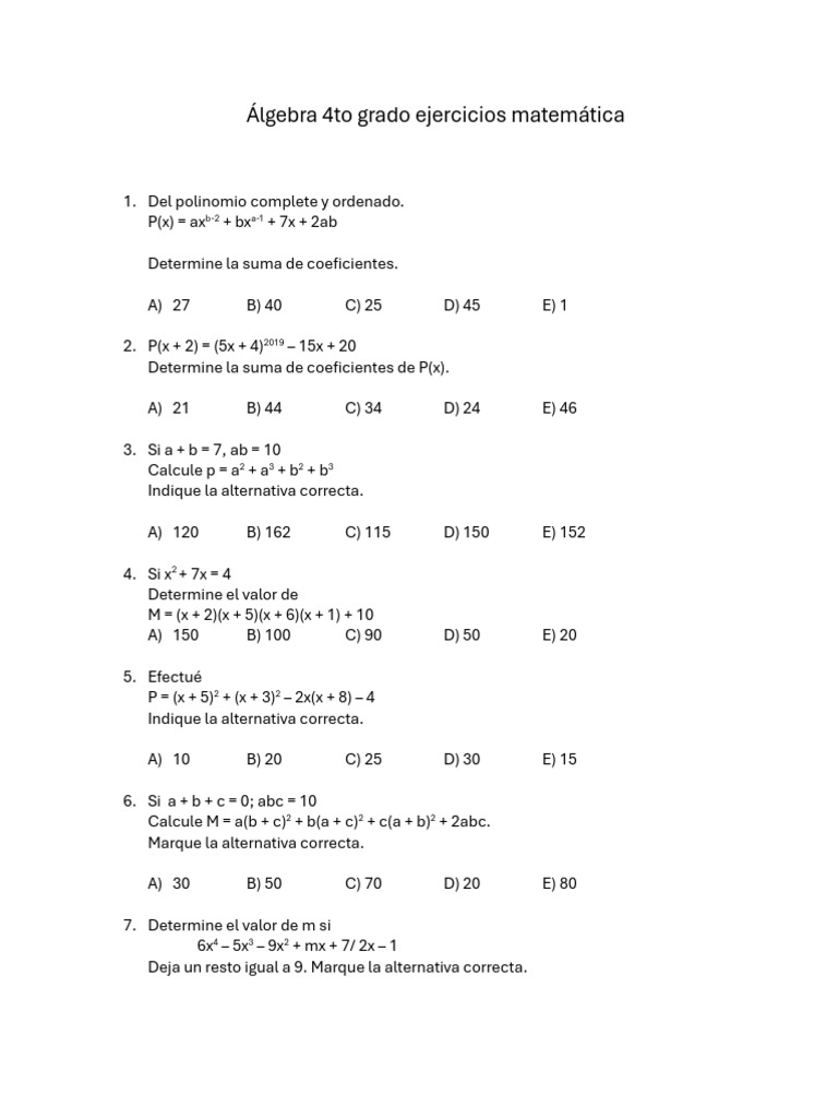 Álgebra 4to Grado Ejercicios Matemática | PDF | Análisis numérico | Álgebra