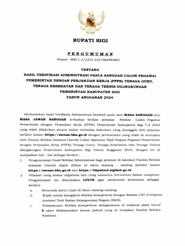 Pengumuman Hasil Seleksi Administrasi Pasca Sanggah PPPK Kab. Sigi Tahun 2024 | PDF