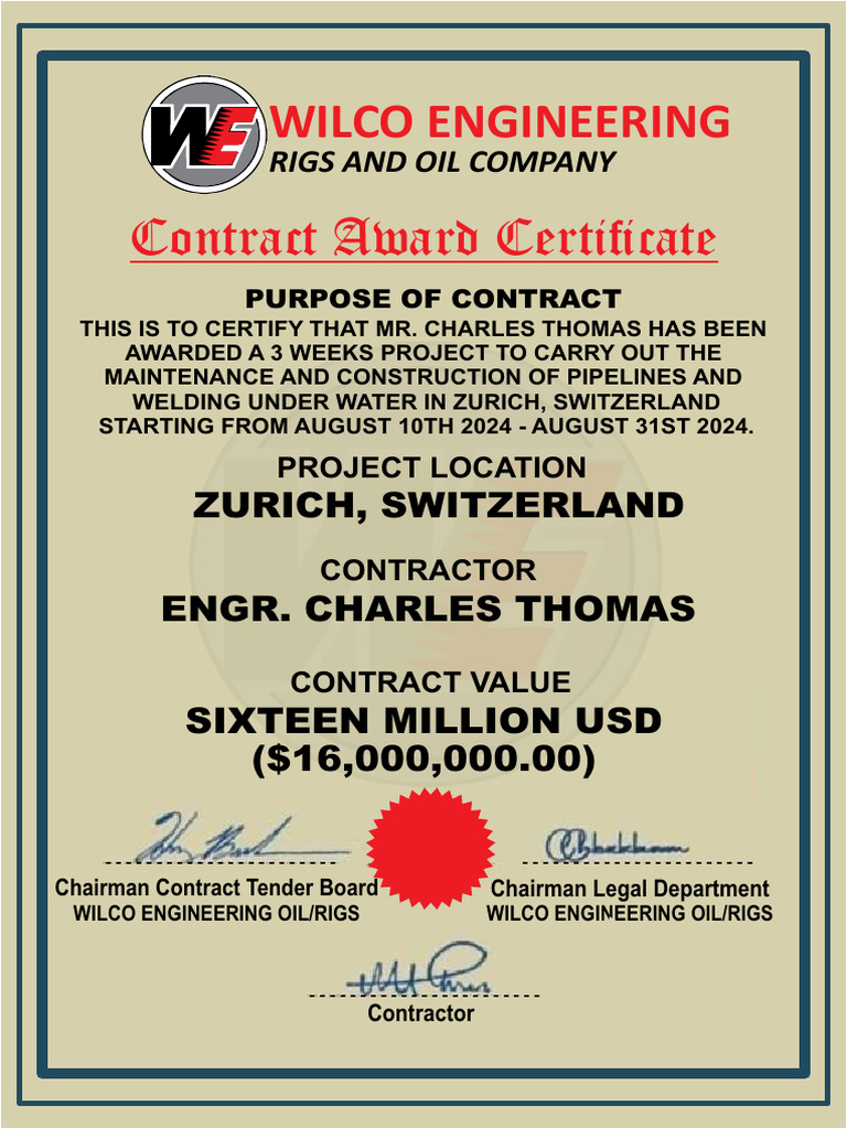 Oil Rig Contract Award Certificate | PDF