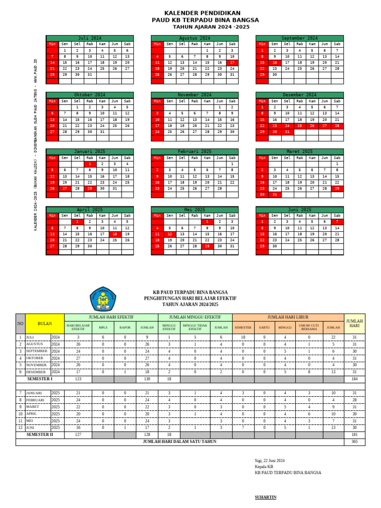 Kalender PAUD Bina Bangsa 2024-2025 | PDF