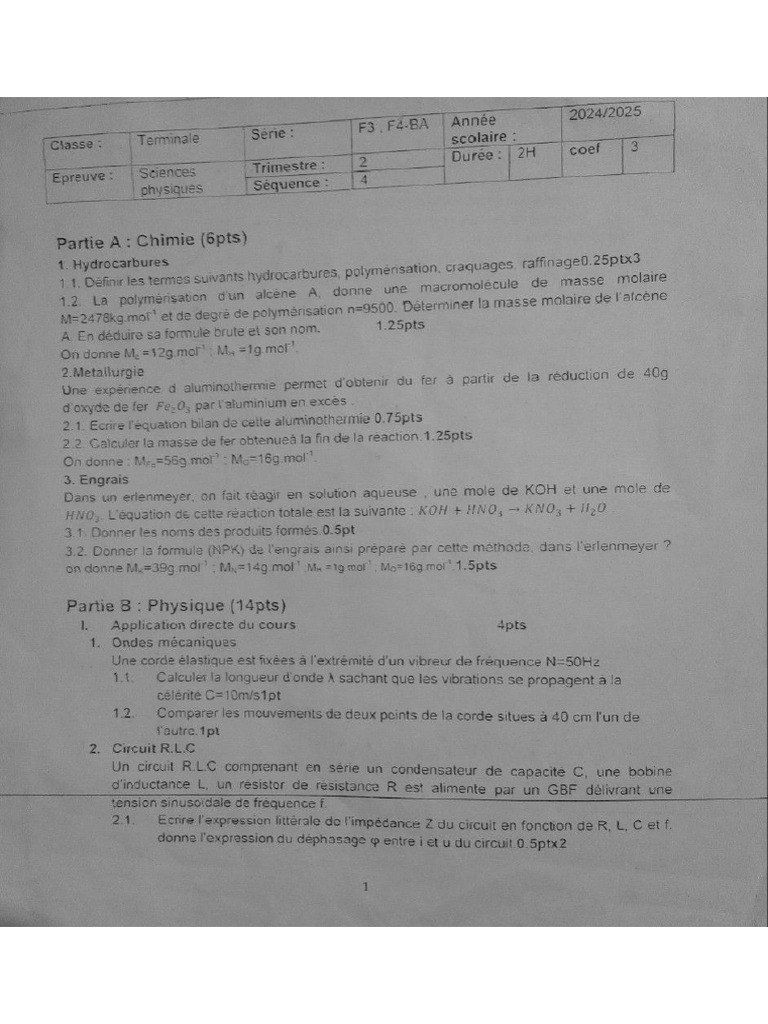 Épreuve de Physique Chimie Tle f4, f3 | PDF
