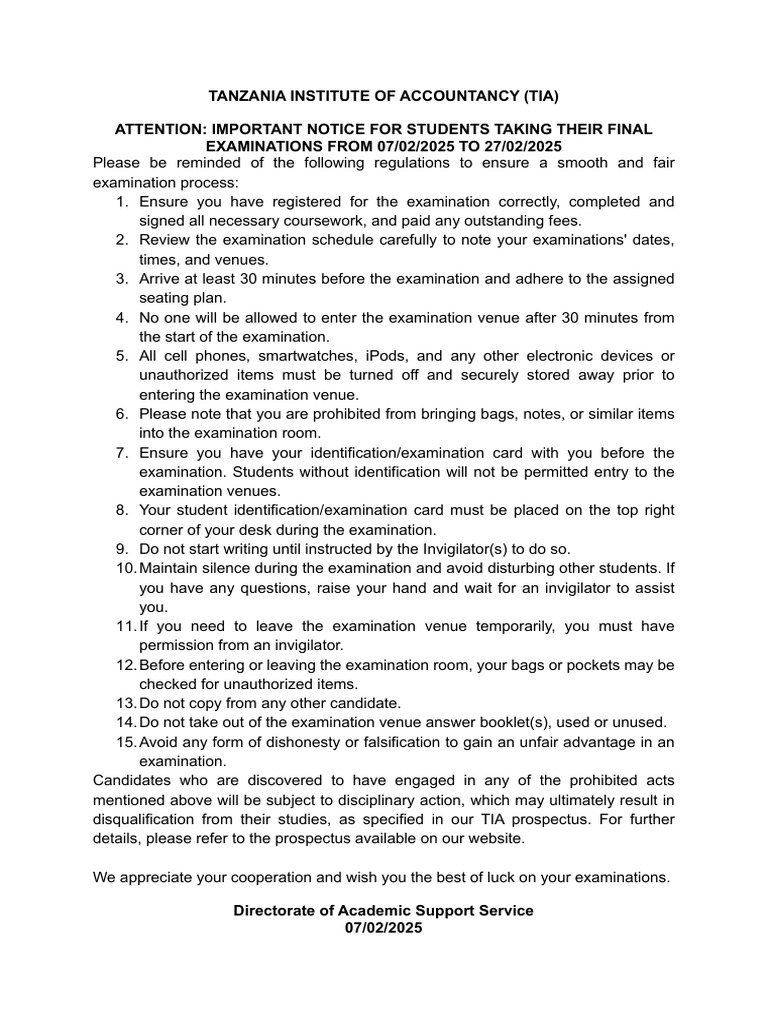 TIA Examination Rules and Regulations | PDF